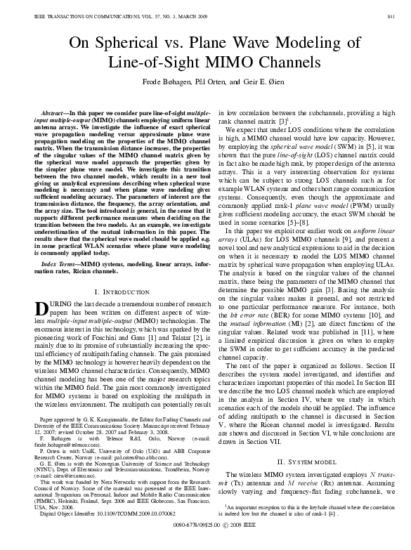 (PDF) On spherical vs. plane wave modeling of line-of-sight MIMO channels
