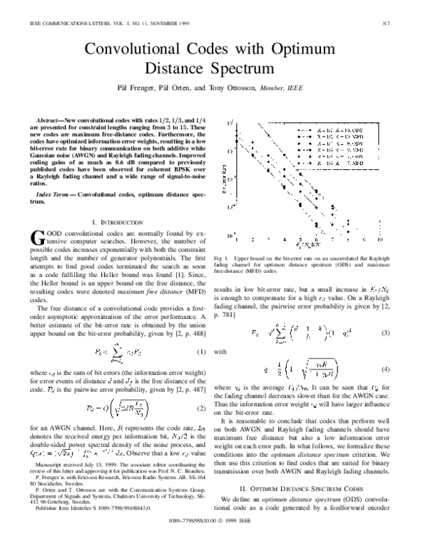 (PDF) Convolutional codes with optimum distance spectrum | P. Orten - Academia.edu