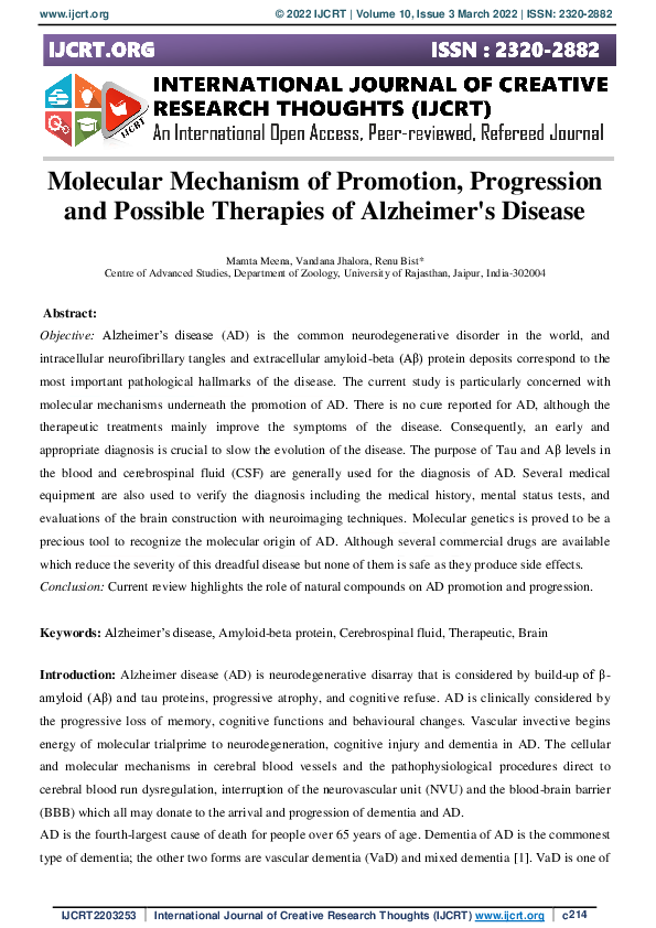 (PDF) Molecular Mechanism of Promotion, Progression and Possible Therapies of Alzheimer's Disease
