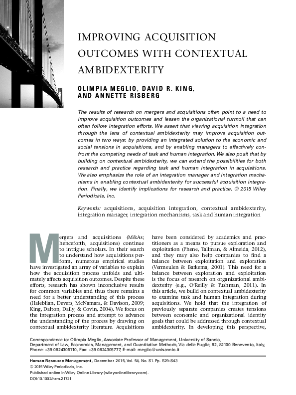 (PDF) Improving Acquisition Outcomes with Contextual Ambidexterity