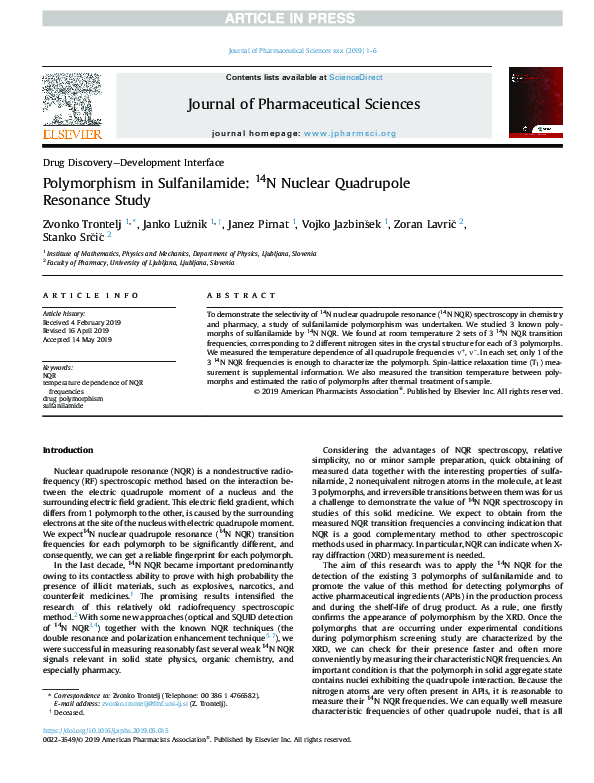 (PDF) Polymorphism in Sulfanilamide: 14N Nuclear Quadrupole Resonance Study