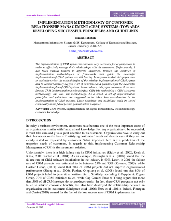 (PDF) Implementation Methodology of Customer Relationship Management ( CRM ) Systems : Towards ...