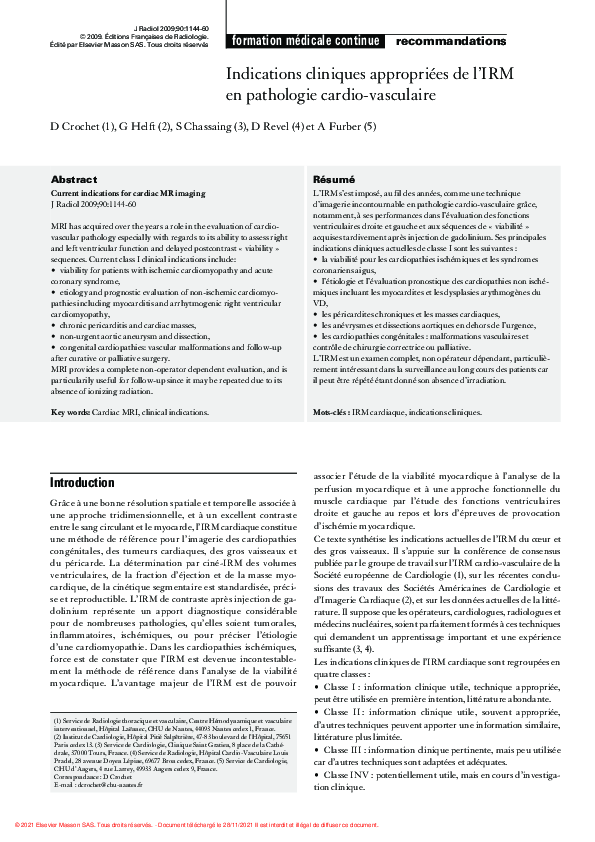 (PDF) Indications cliniques appropriées de l’IRM en pathologie cardio-vasculaire