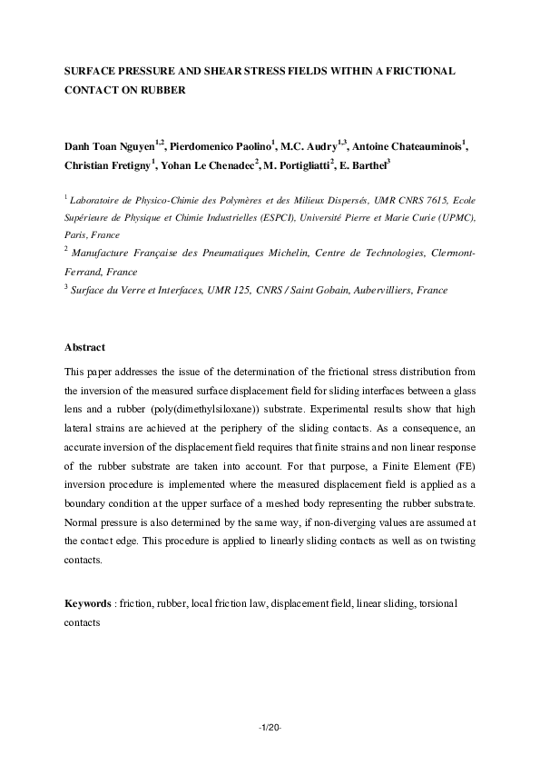 (PDF) Surface pressure and shear stress field within a frictional contact on rubber | Maude ...