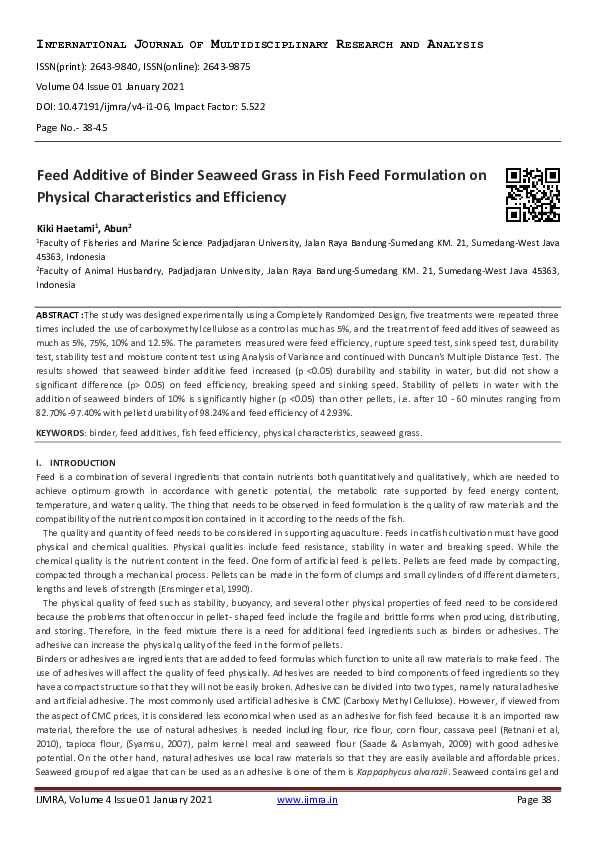 (PDF) Feed Additive of Binder Seaweed Grass in Fish Feed Formulation on Physical Characteristics ...