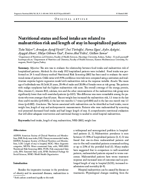 (PDF) Nutritional status and food intake are related to malnutrition ...