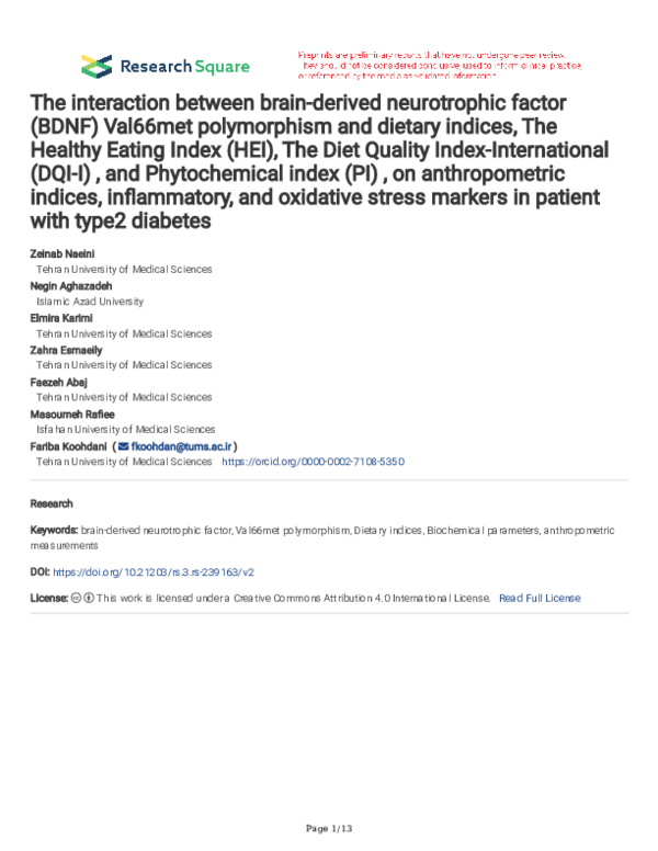(PDF) The interaction between brain-derived neurotrophic factor (BDNF) Val66met polymorphism and ...