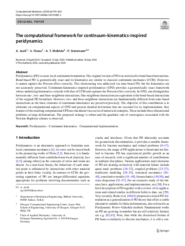 Pdf The Computational Framework For Continuum Kinematics Inspired Peridynamics