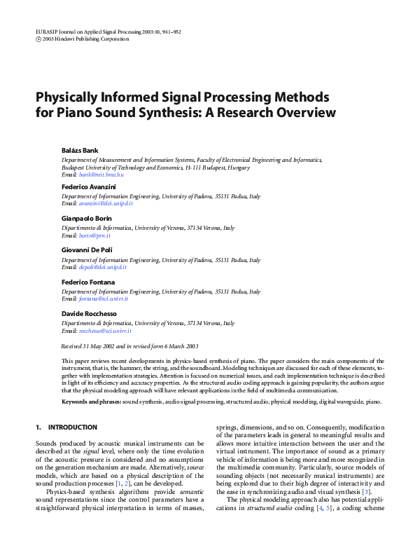 (PDF) Physically Informed Signal ProcessingMethods for Piano Sound Synthesis: A Research Overview