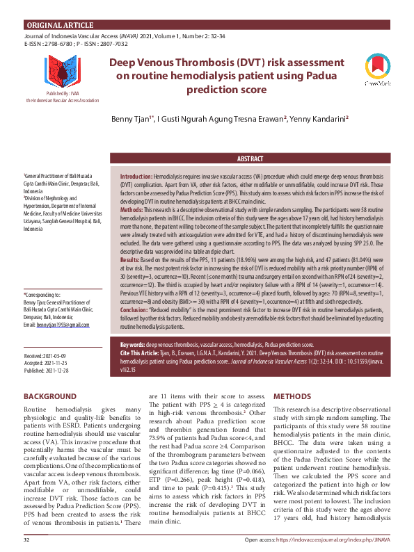 (PDF) Deep Venous Thrombosis (DVT) risk assessment on routine hemodialysis patient using Padua ...