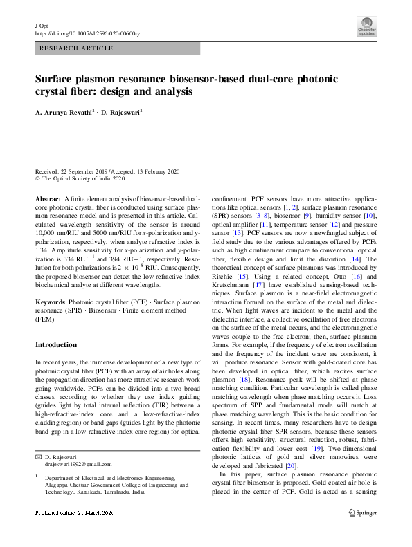 (PDF) Surface plasmon resonance biosensor-based dual-core photonic crystal fiber: design and ...