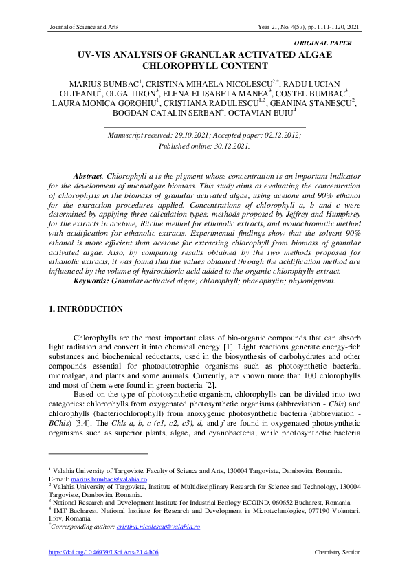(PDF) Uv-Vis Analysis of Granular Activated Algae Chlorophyll Content