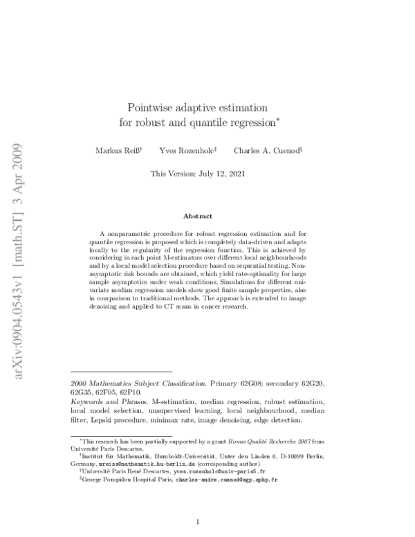 (PDF) Pointwise adaptive estimation for robust and quantile regression