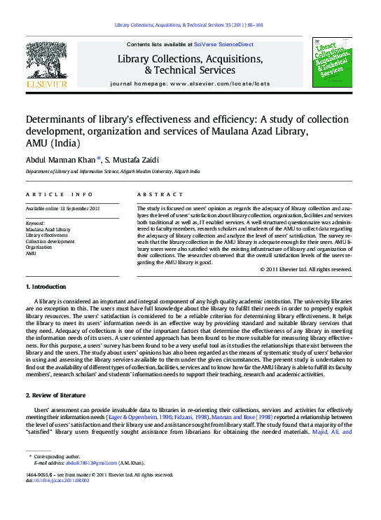(PDF) Determinants of library's effectiveness and efficiency: A study ...