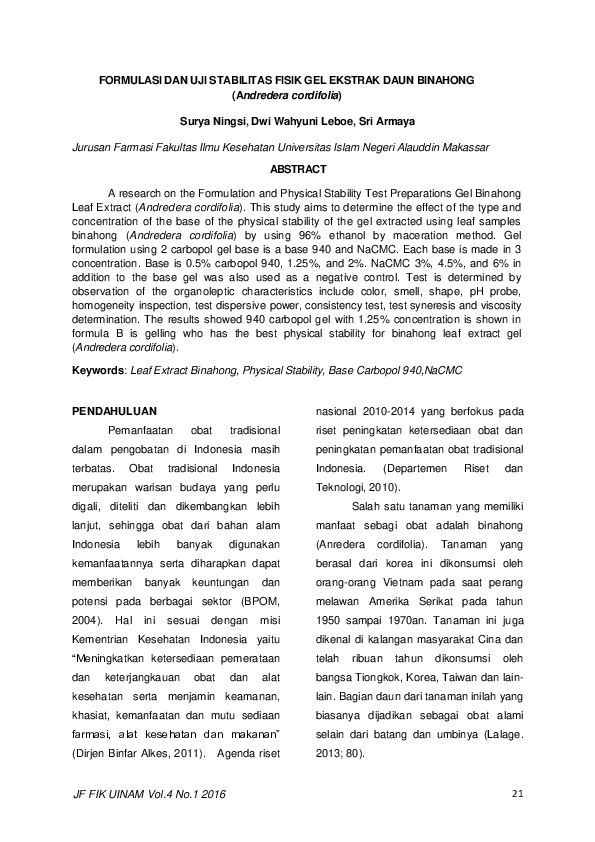 (PDF) FORMULASI DAN UJI STABILITAS FISIK GEL EKSTRAK DAUN BINAHONG ...