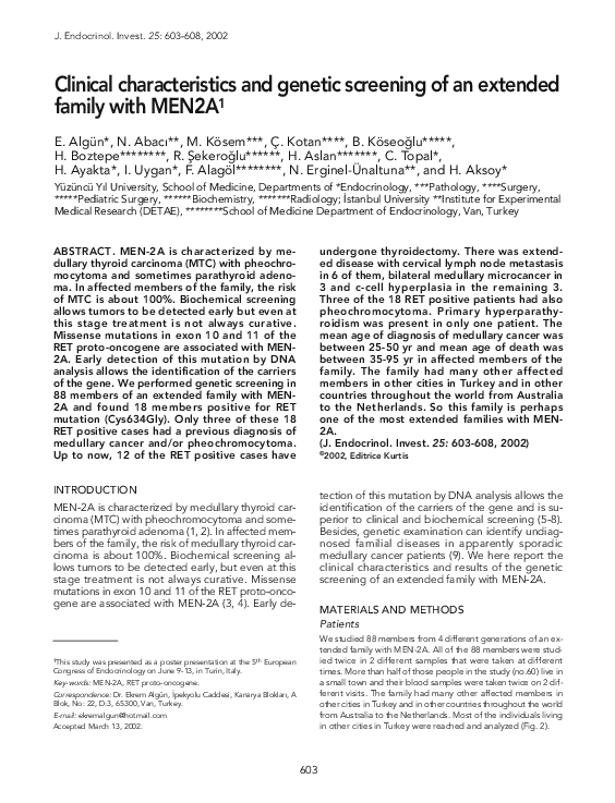 (PDF) Clinical characteristics and genetic screening of an extended family with MEN2A