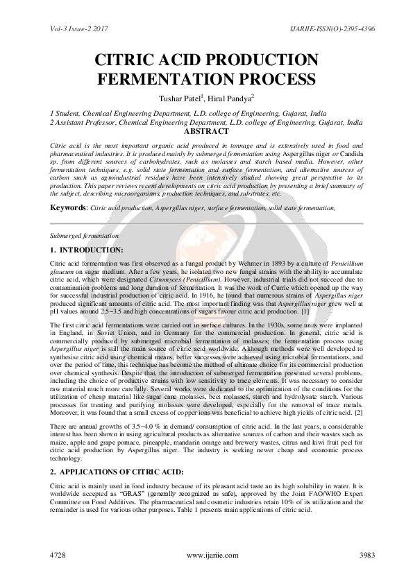 (PDF) Citric Acid Production Fermentation Process