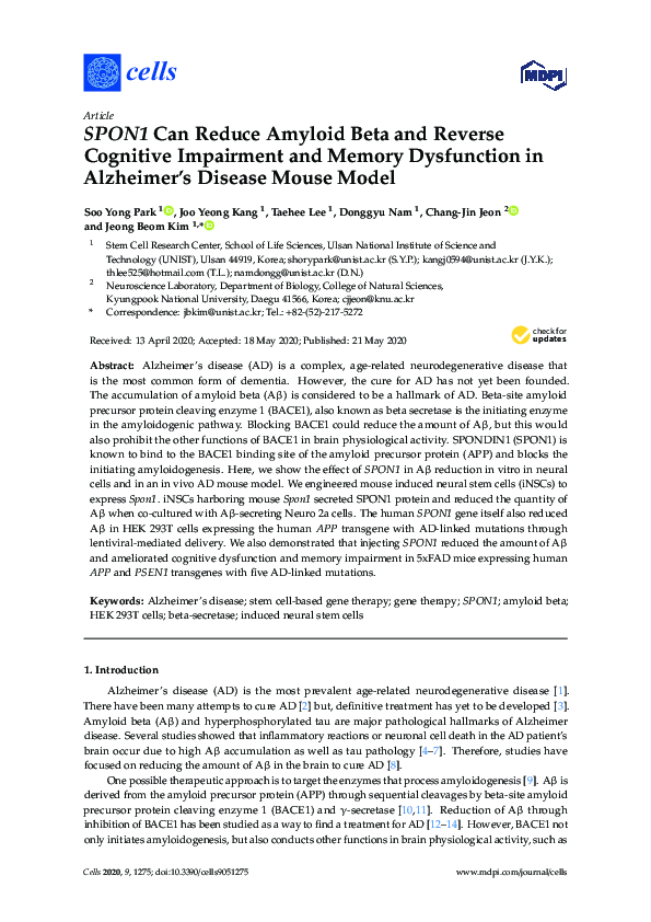 (PDF) SPON1 Can Reduce Amyloid Beta and Reverse Cognitive Impairment ...