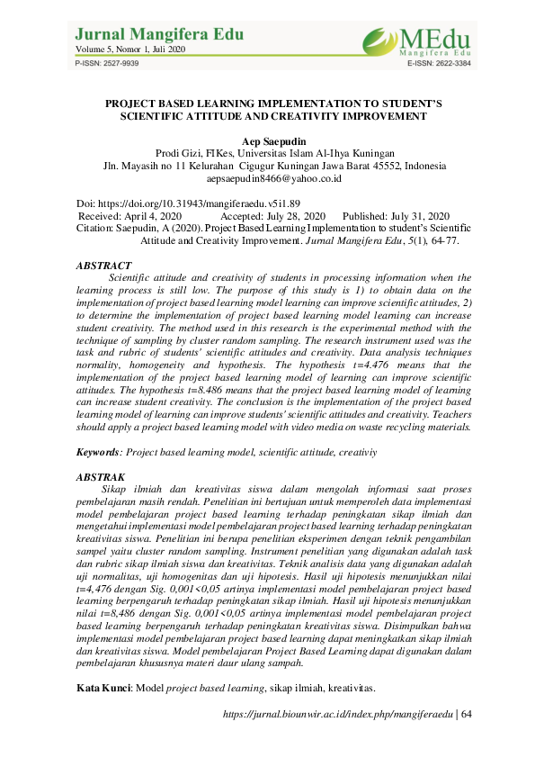 (PDF) Project Based Learning Implementation to Student's Scientific Attitude and Creativity ...
