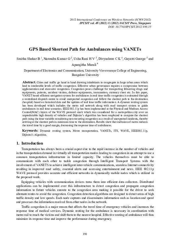 (PDF) GPS Based Shortest Path for Ambulances using VANETs (PDF) GPS Based Shortest Path for Ambulances using VANETs