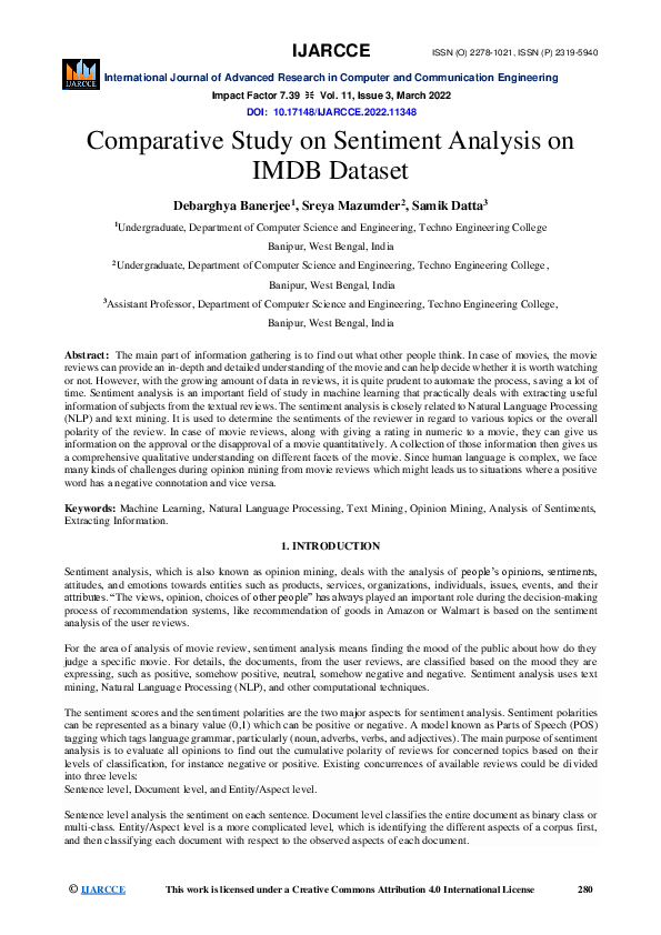 (PDF) Comparative Study on Sentiment Analysis on IMDB Dataset