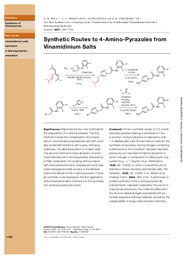 (PDF) Synthetic Routes to 4-Amino-Pyrazoles from Vinamidinium Salts