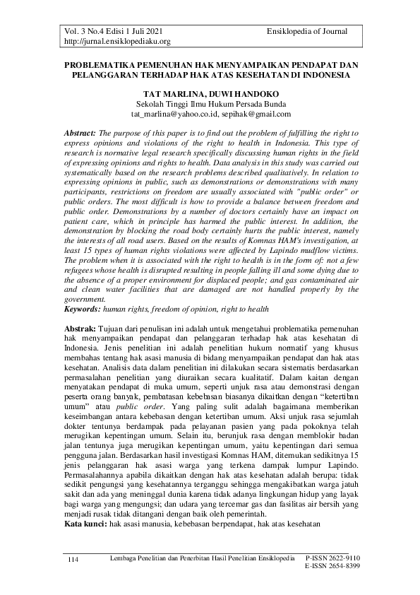 (PDF) Problematika Pemenuhan Hak Menyampaikan Pendapat Dan Pelanggaran Terhadap Hak Atas ...
