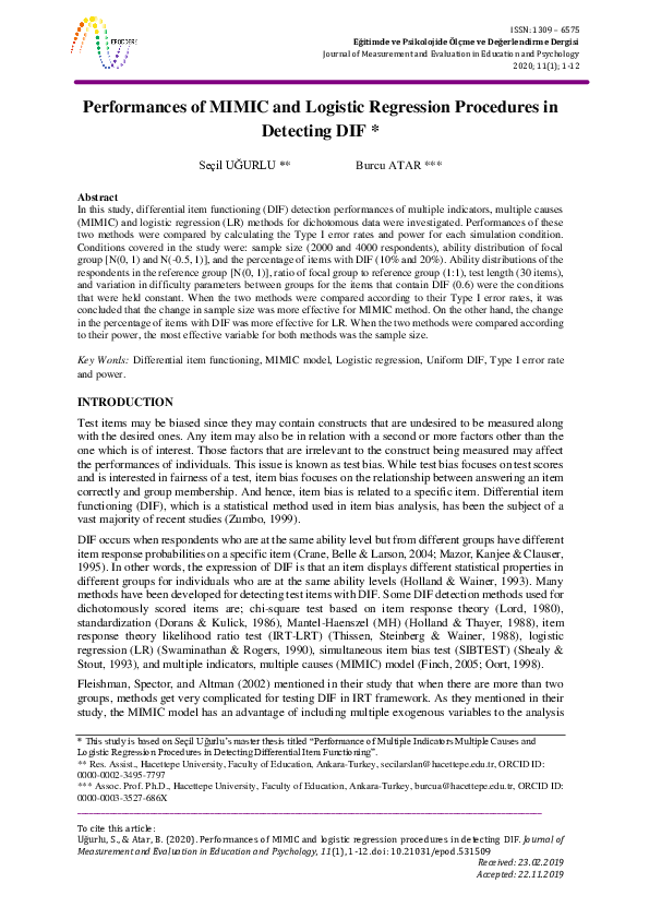(PDF) Performances of MIMIC and Logistic Regression Procedures in Detecting DIF