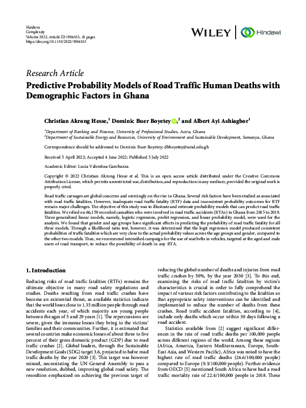 (PDF) Predictive Probability Models of Road Traffic Human Deaths with Demographic Factors in Ghana