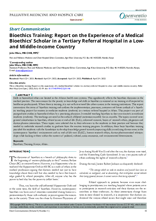 (PDF) Bioethics Training: Report on the Experience of a Medical ...