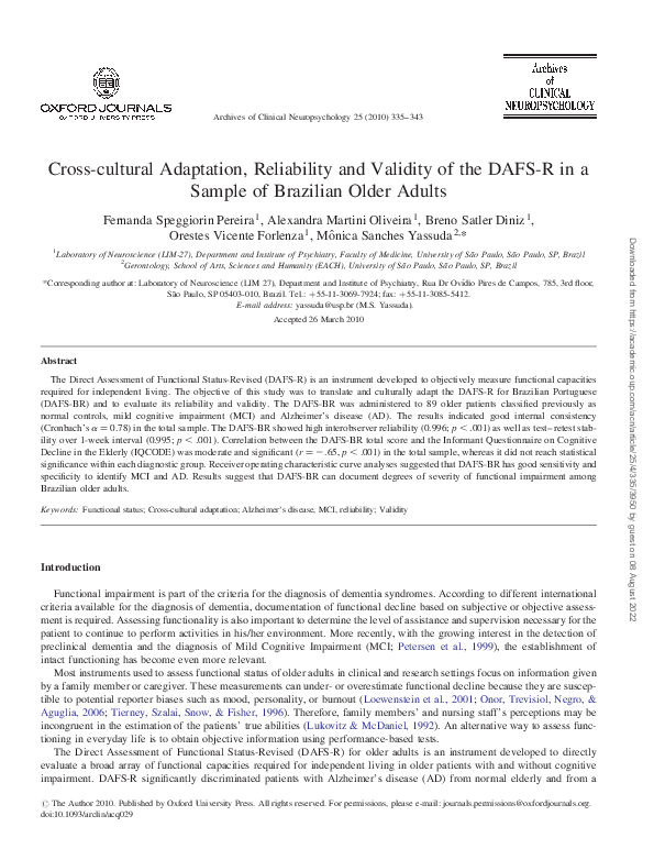 (PDF) Cross-cultural Adaptation, Reliability and Validity of the DAFS-R in a Sample of Brazilian ...