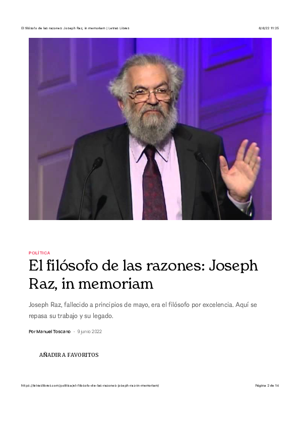 (PDF) El filósofo de las razones: Joseph Raz, in memoriam