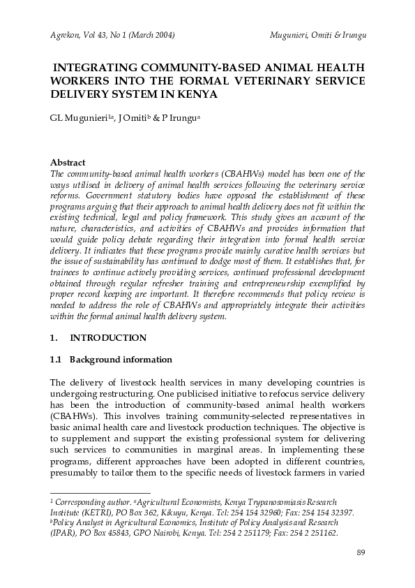 (PDF) Integrating Community-Based Animal Health Workers Into the Formal ...