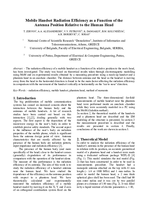 (PDF) Mobile Handset Radiation Efficiency as a Function of the Antenna ...