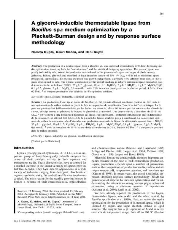 (PDF) A glycerol-inducible thermostable lipase fromBacillussp.: medium optimization by a ...