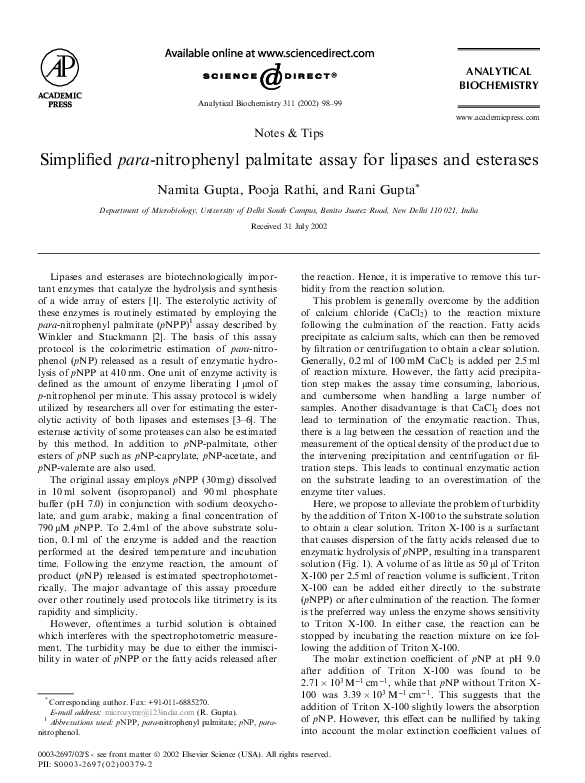 (PDF) Simplified para-nitrophenyl palmitate assay for lipases and esterases