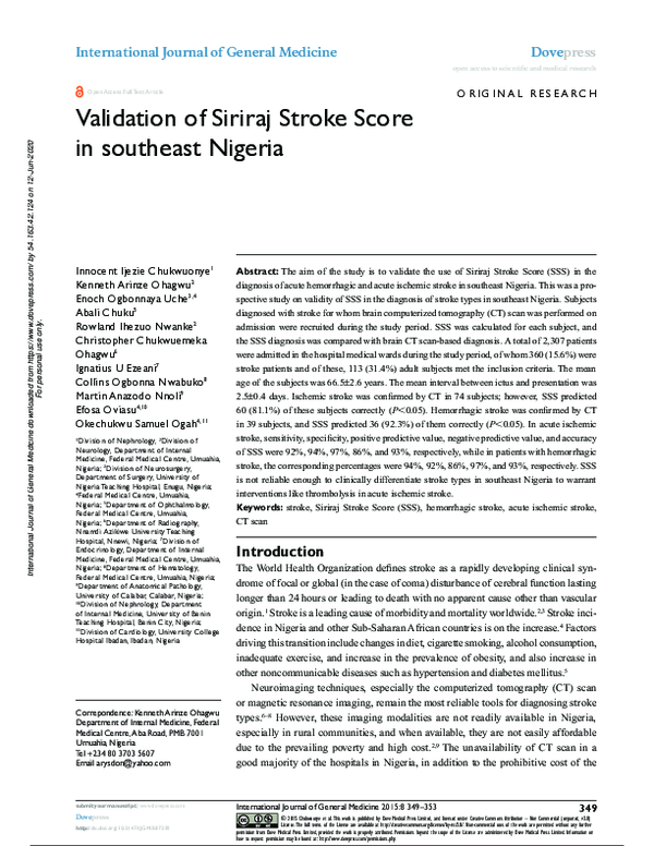 (PDF) Validation of Siriraj Stroke Score in southeast Nigeria