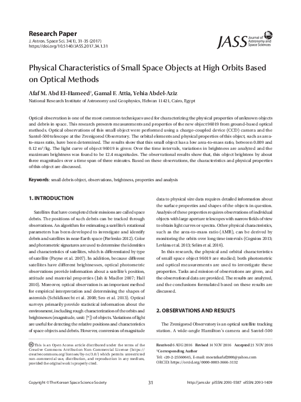 (PDF) Physical Characteristics of Small Space Objects at High Orbits ...