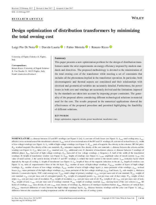 (PDF) Design optimization of distribution transformers by minimizing the total owning cost