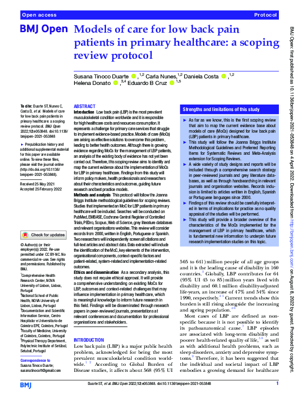 Models of care for low back pain patients in primary healthcare: a ...