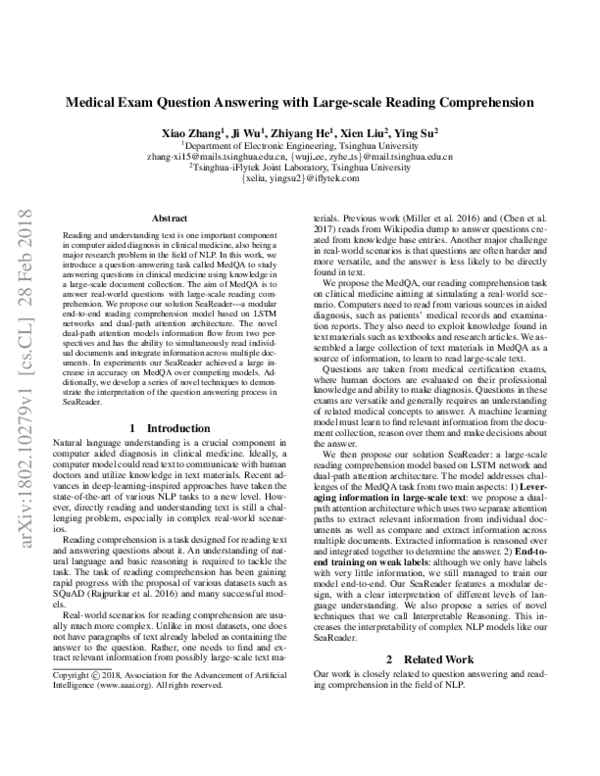 (PDF) Medical Exam Question Answering with Large-scale Reading Comprehension