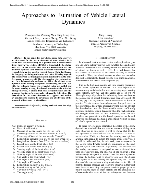 Pdf Approaches To Estimation Of Vehicle Lateral Dynamics Zhihong Man