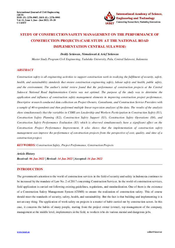Pdf Study Of Construction Safety Management On The Performance Of