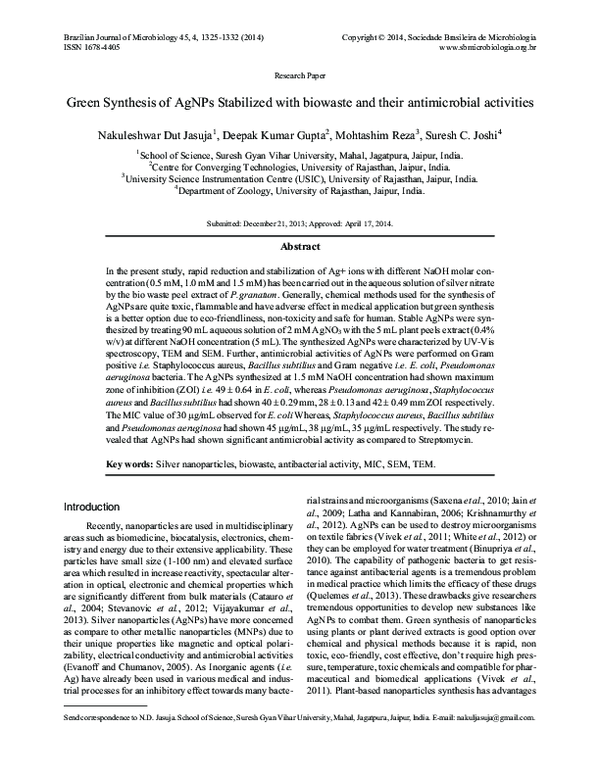 (PDF) Green Synthesis of AgNPs Stabilized with biowaste and their ...
