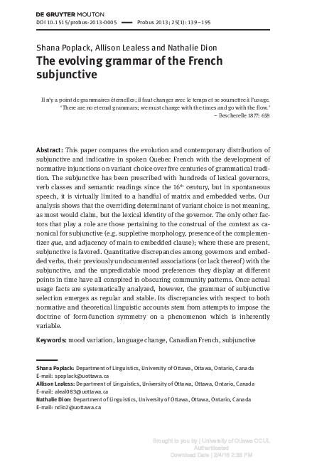 (PDF) The evolving grammar of the French subjunctive