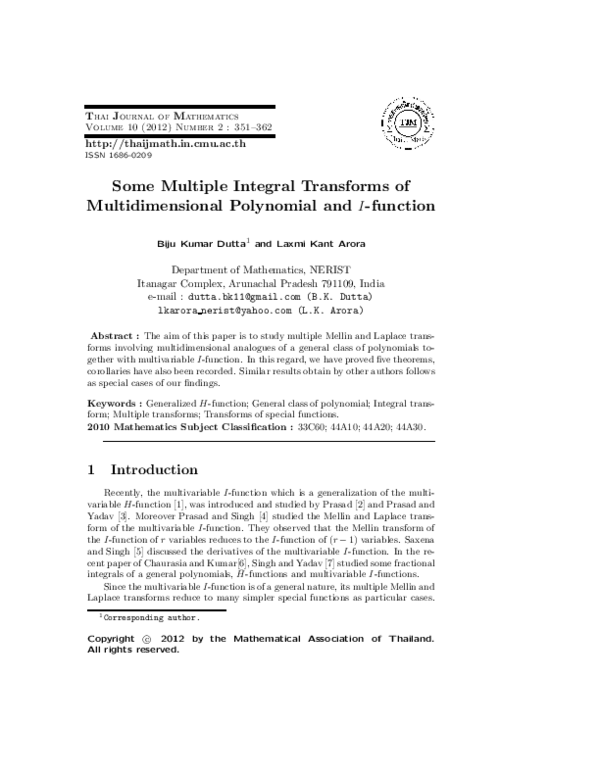 Pdf Some Multiple Integral Transforms Of Multidimensional Polynomial And I Function