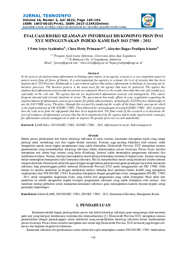 (PDF) Evaluasi Risiko Keamanan Informasi Diskominfo Provinsi Xyz Menggunakan Indeks Kami Dan Iso ...