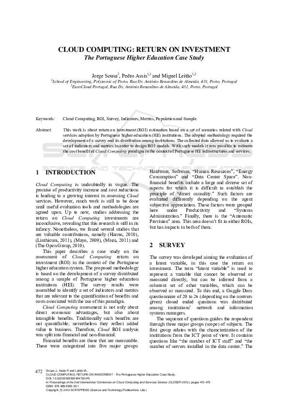 (PDF) CLOUD COMPUTING: RETURN ON INVESTMENT - The Portuguese Higher ...