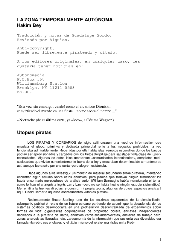 (PDF) LA ZONA TEMPORALMENTE AUTÓNOMA Hakim Bey | Cristian Espinoza ...
