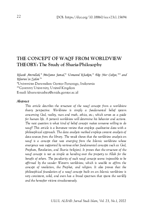 (PDF) THE CONCEPT OF WAQF FROM WORLDVIEW THEORY: The Study of Sharia-Philosophy